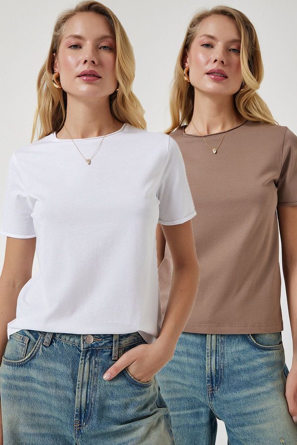 HAPPINESS İSTANBUL WOMEN'S WHITE MINK CREW NECK 2 PACK BASIC KNITTED T-SHIRT