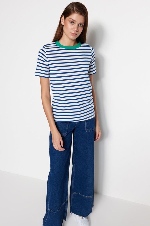 TRENDYOL NAVY BLUE STRIPED BASIC COLOR CREWNECK KNITTED T-SHIRT