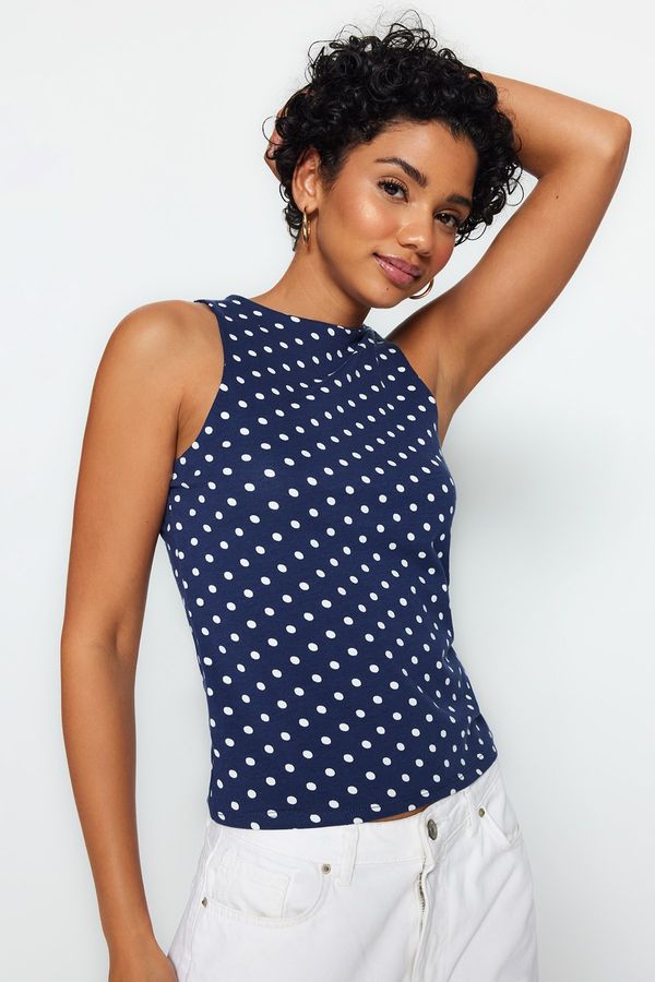 TRENDYOL NAVY BLUE POLKA DOT PRINTED COTTON HALTERNECK FITTED/SLIP-ON KNITTED SINGLETS
