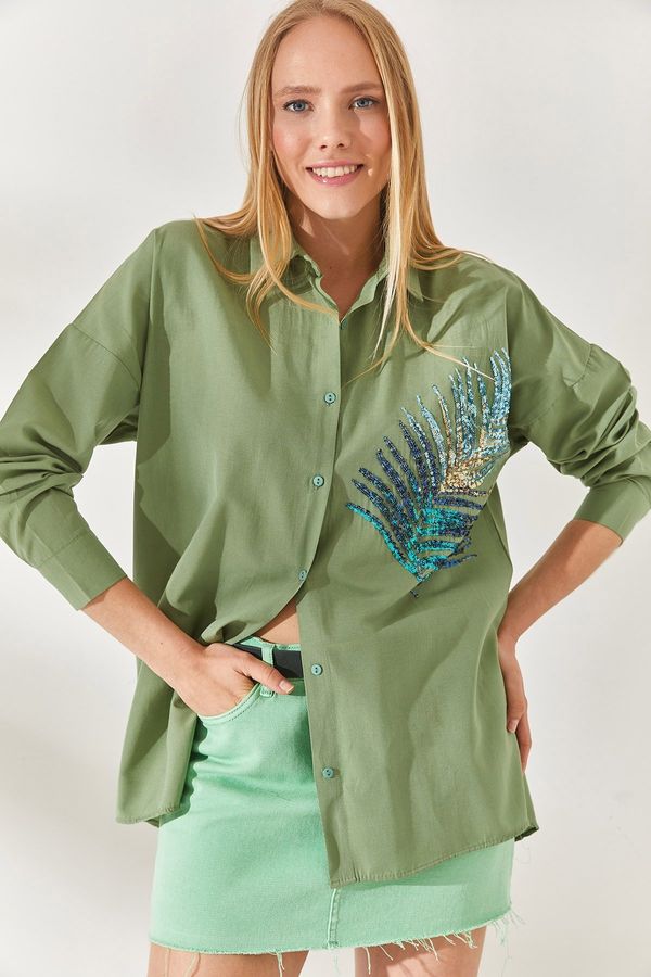 OLALOOK MUSTARD GREEN PALM SEQUIN DETAIL OVERSIZED WOVEN POPLIN SHIRT