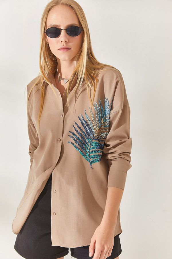 OLALOOK MINK PALM SEQUIN DETAILED OVERSIZED WOVEN POPLIN SHIRT