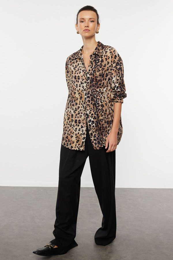TRENDYOL BROWN LEOPARD ANIMAL PATTERNED OVERSIZE WIDE FIT SHIRT