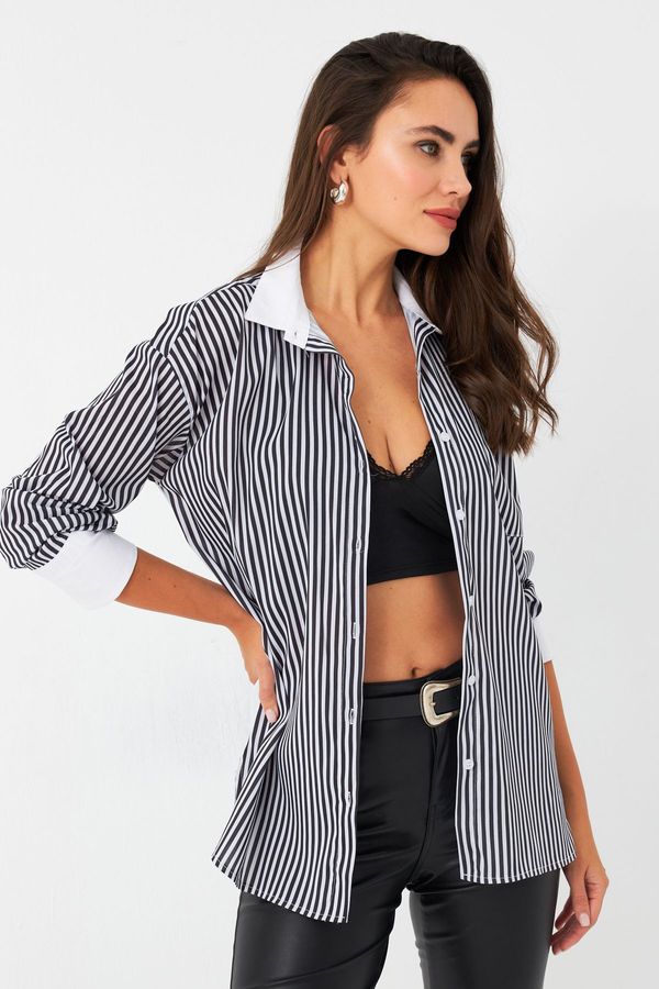 COOL & SEXY WOMEN'S ECRU-BLACK STRIPED CONTRAST SHIRT