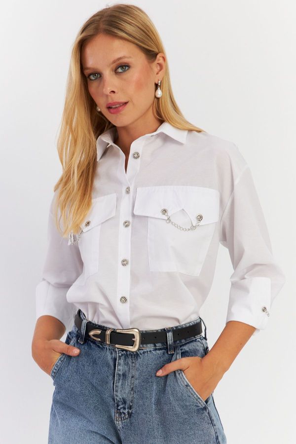 COOL & SEXY WOMEN'S WHITE METAL DETAILED SHIRT ASF13