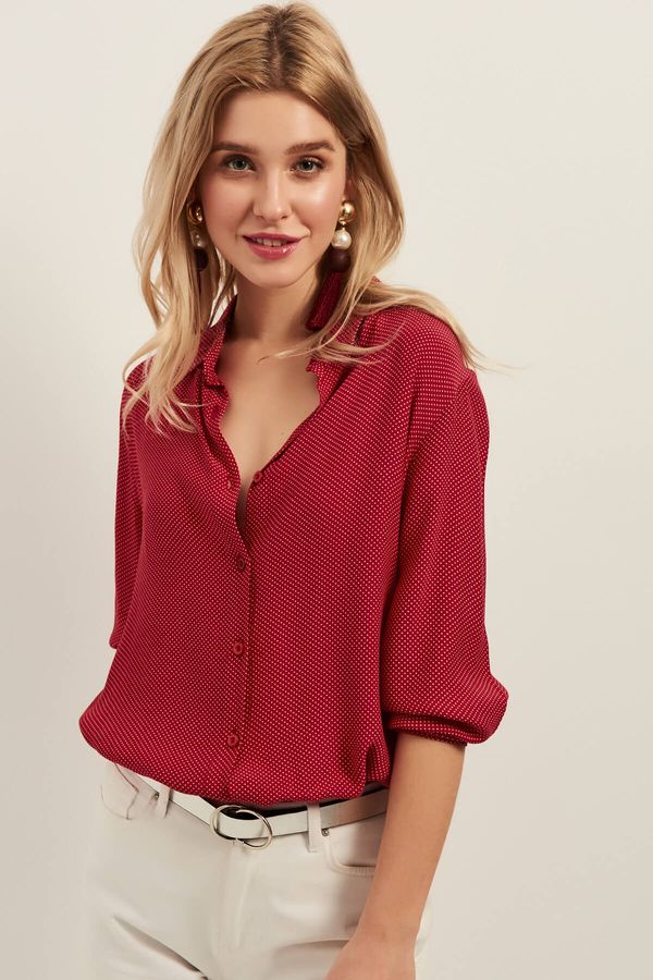 OLALOOK WOMEN'S RED TINY POLKA DOT CASUAL VISCOSE SHIRT