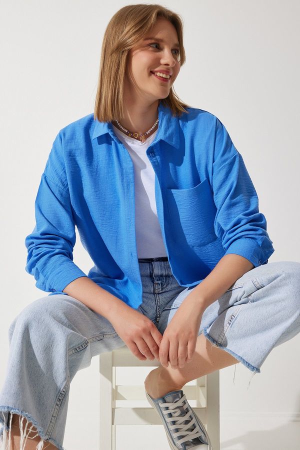 HAPPINESS İSTANBUL WOMEN'S BLUE OVERSIZE LINEN AYROBIN SHIRT
