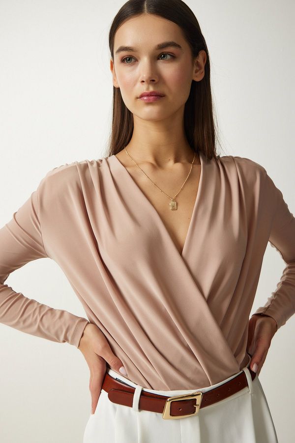 HAPPINESS İSTANBUL WOMEN'S BEIGE WRAPOVER NECK SNAP-ON KNITTED BLOUSE
