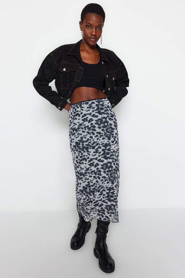 TRENDYOL BLACK WAIST DETAIL PRINTED FLEXIBLE TULLE MAXI KNITTED SKIRT