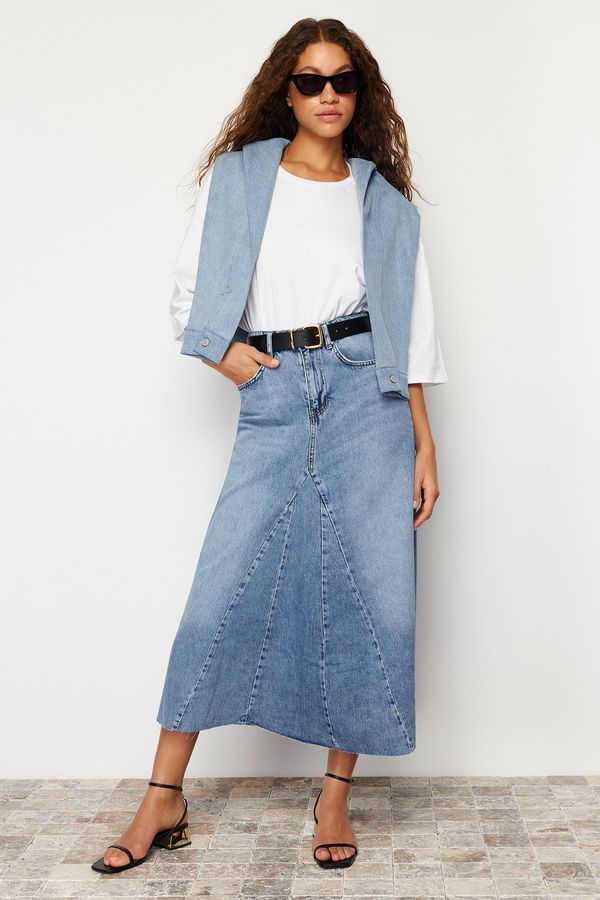 TRENDYOL BLUE FLOUNCE STITCH DETAIL HIGH WAIST MAXI DENIM SKIRT