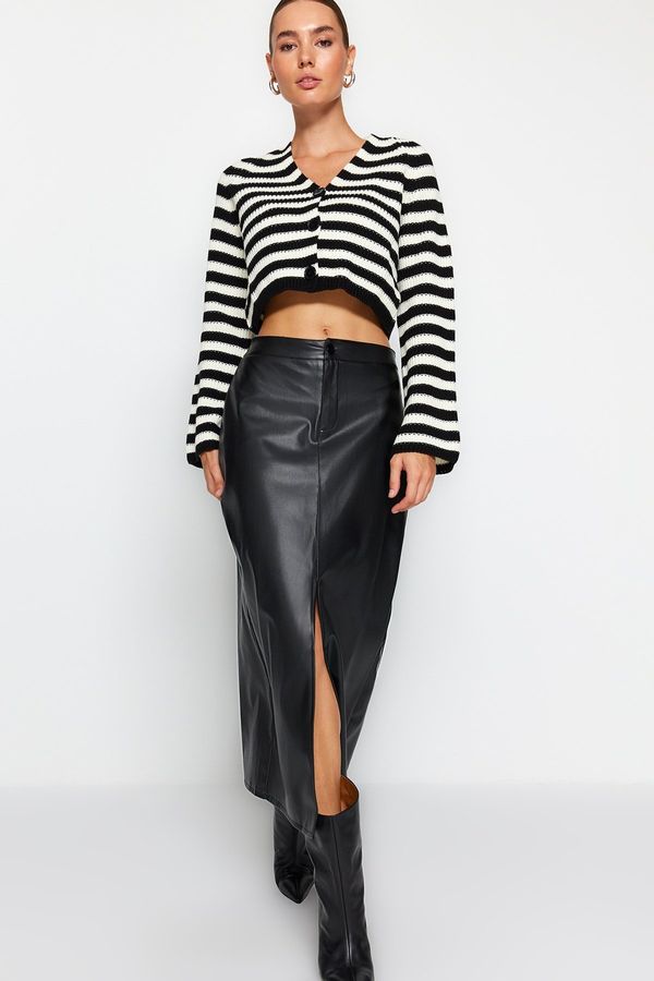 TRENDYOL BLACK SLIT FAUX LEATHER HIGH WAIST MAXI KNITTED SKIRT
