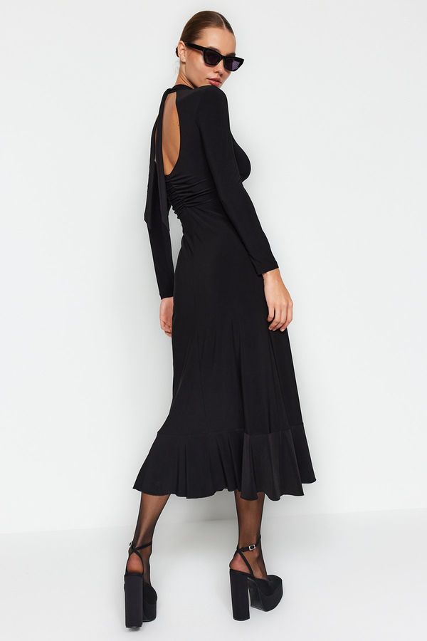TRENDYOL BLACK DECOLLETE BACKLESS FLOUNCE HIGH NECK MAXI LENGTH KNITTED DRESS