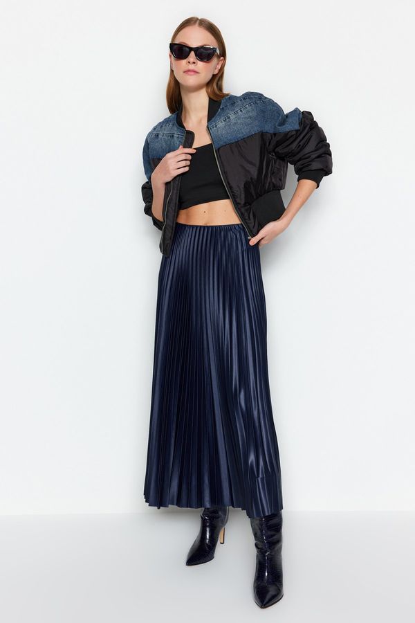 TRENDYOL NAVY BLUE PLEATED MAXI KNITTED SKIRT