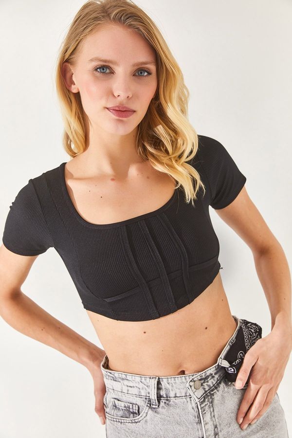 OLALOOK WOMEN'S BLACK CORSET SQUARE COLLAR CROP TOP