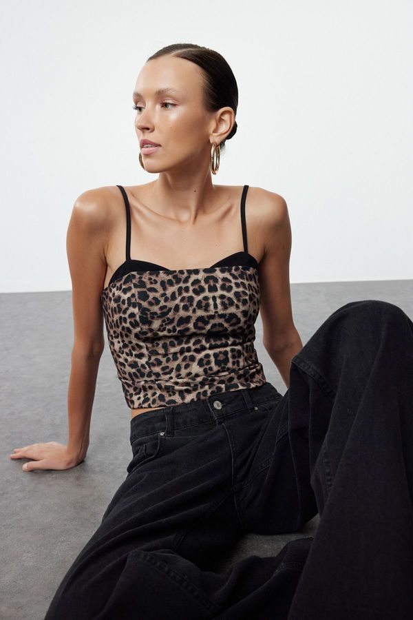 TRENDYOL BROWN STRAPPY BRALETTE DETAILED LEOPARD PATTERNED CROP WOVEN BLOUSE