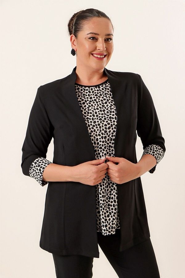 BY SAYGI UNDERSHIRT AND JACKET SLEEVE ENDS LEOPARD PATTERNED CREPE PLUS SIZE 2 PCS SET BLACK