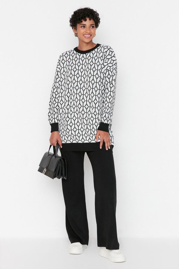 TRENDYOL BLACK GEOMETRIC PATTERN SWEATER-PANTS KNITWEAR SET