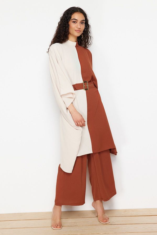 TRENDYOL CINNAMON COLOR BLOCK WAIST BELTED TUNIC-PANTS WOVEN SUIT