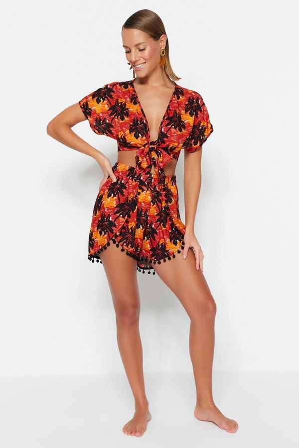 TRENDYOL TROPICAL PATTERNED WOVEN STRIPE ACCESSORY BLOUSE SHORT SET