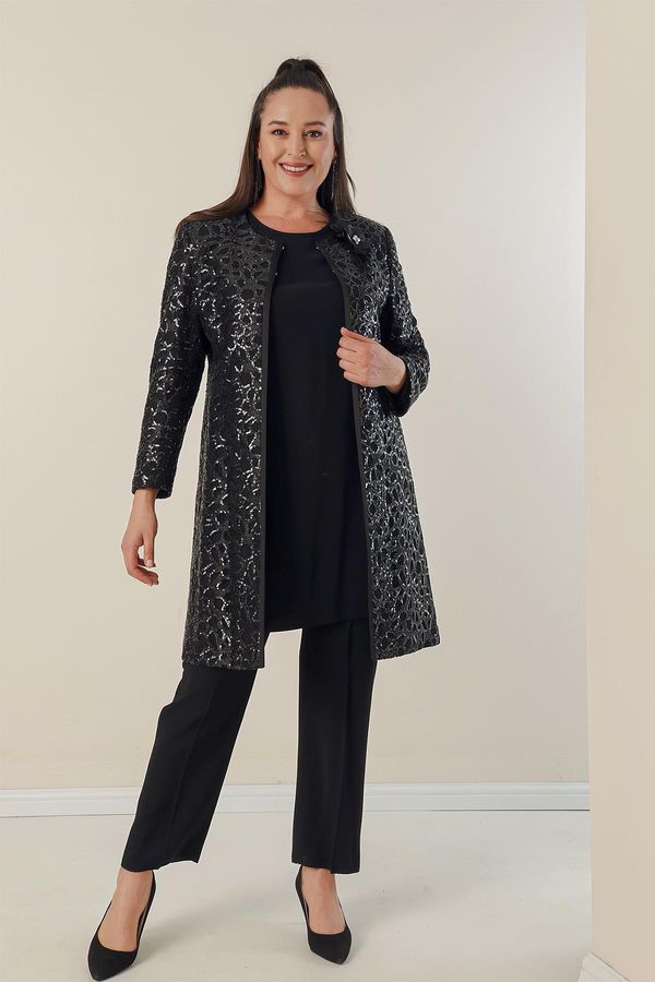 BY SAYGI CREPE BLOUSE WITH SLITS IN THE SIDES AND FLEECE LINED FRONT, JACKET AND PANTS PLUS SIZE 3-PIECE SET.