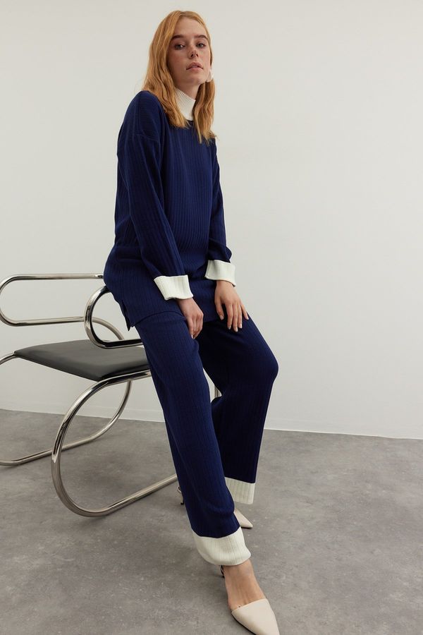 TRENDYOL NAVY BLUE HIGH NECK COLOR BLOCK RIBBED SWEATER-PANTS KNITWEAR SUIT