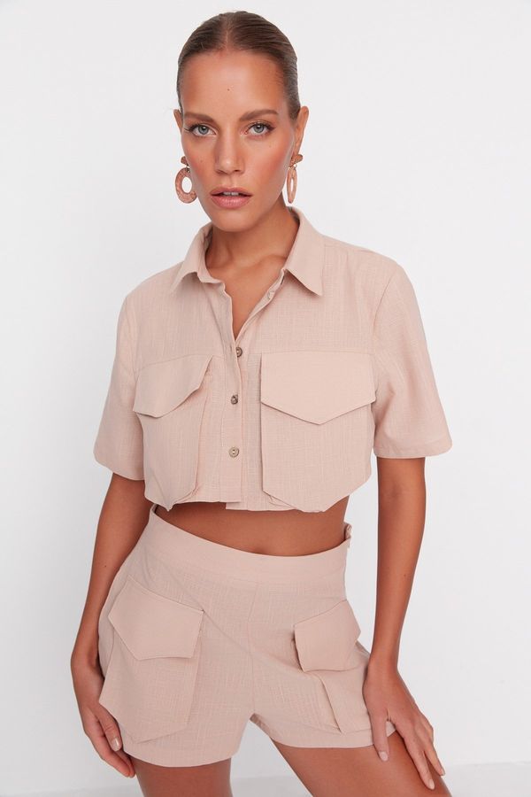 TRENDYOL BEIGE WOVEN 100% COTTON SHIRT AND SHORTS SET WITH POCKET