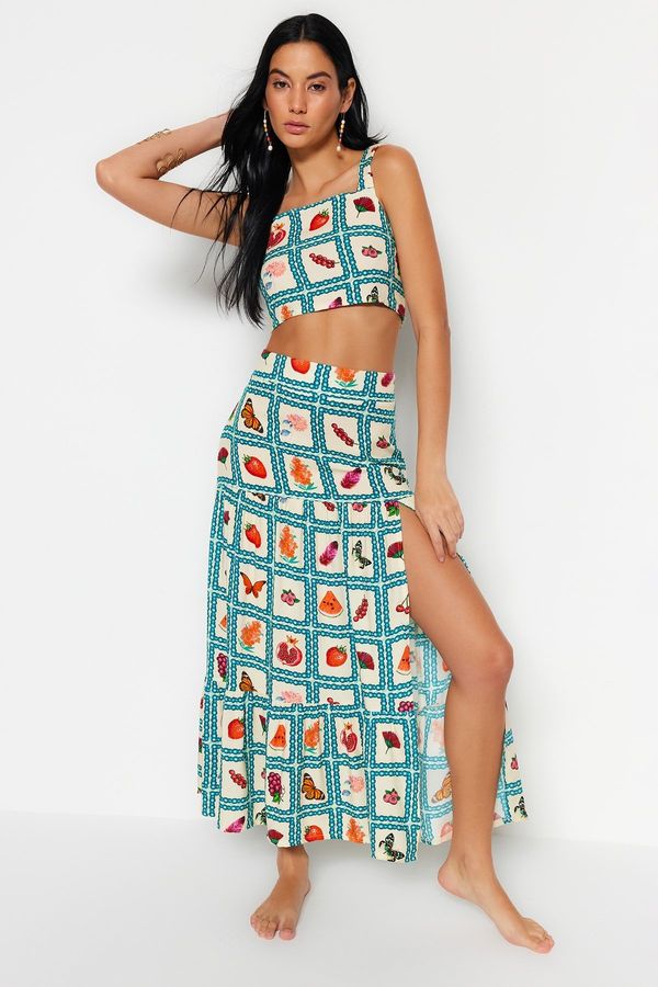 TRENDYOL FRUIT PATTERNED WOVEN SLIT BLOUSE AND SKIRT SET