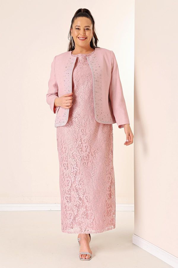 BY SAYGI SLEEVELESS FLORAL LACE LONG DRESS STONE DETAILED CREPE JACKET LINED PLUS SIZE 2-PIECE SUIT