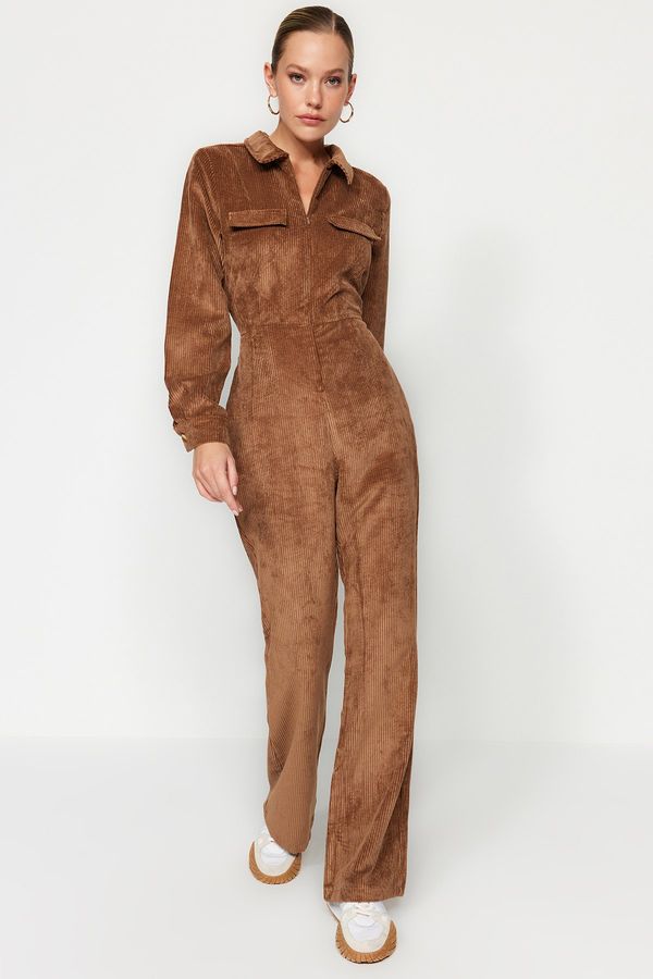 TRENDYOL BROWN VELVET WOVEN JUMPSUIT