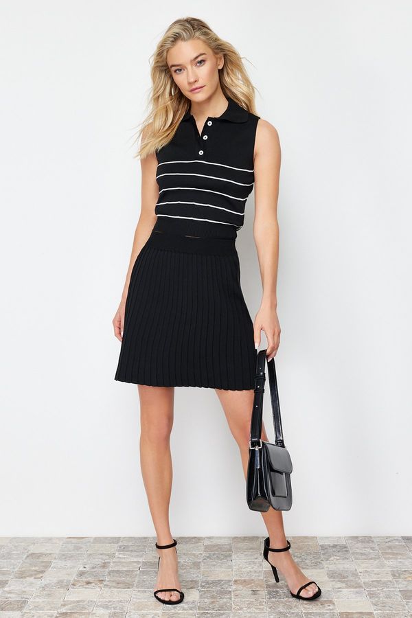 TRENDYOL BLACK POLO NECK PLEATED SKIRT KNITWEAR TWO PIECE SET