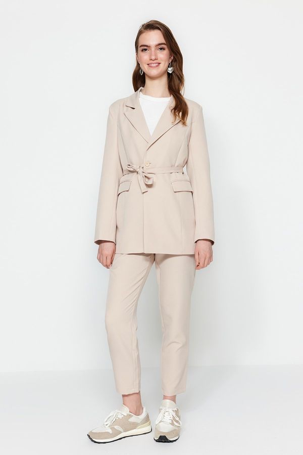 TRENDYOL STONE TIE DETAIL LINED CREPE JACKET-TROUSERS WOVEN TWO PIECE SET