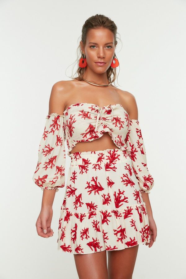 TRENDYOL BRIDAL UNDERWATER PATTERNED WOVEN BALLOON SLEEVE BLOUSE SKIRT SET