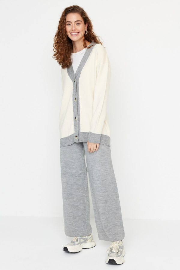 TRENDYOL GRAY STRIPE DETAILED CARDIGAN-PANTS KNITWEAR SET