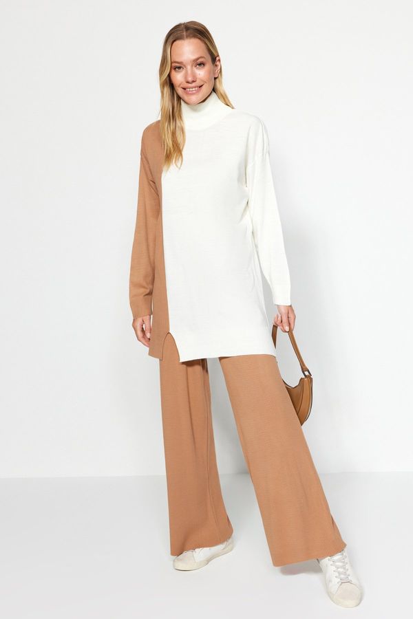 TRENDYOL CAMEL COLOR BLOCK SWEATER-TROUSERS KNITWEAR TWO PIECE SET
