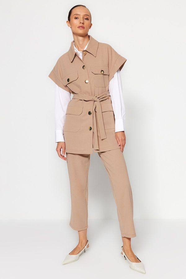 TRENDYOL MINK GOLD BUTTONED VEST-PANTS KNITTED TOP AND BOTTOM SET
