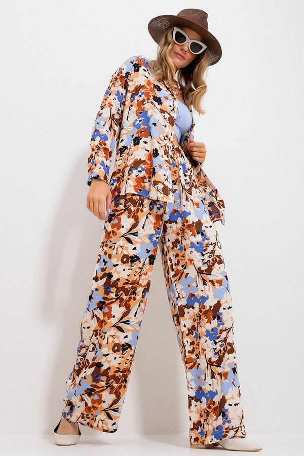 TREND ALAÇATI STILI WOMEN'S CINNAMON PATTERNED SHIRT AND TROUSERS BOTTOM TOP WOVEN SUIT