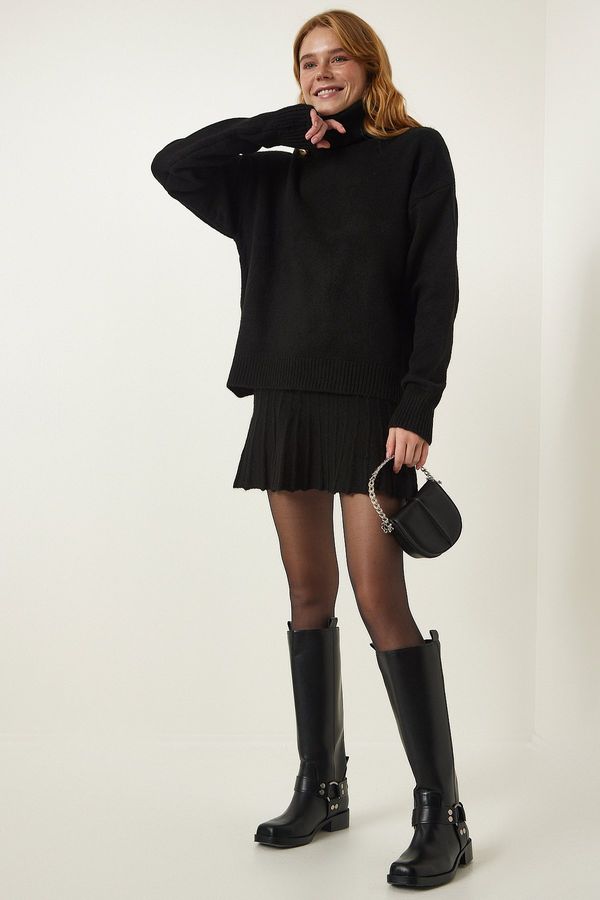 HAPPINESS İSTANBUL WOMEN'S BLACK TURTLENECK SWEATER SKIRT KNITWEAR SUIT
