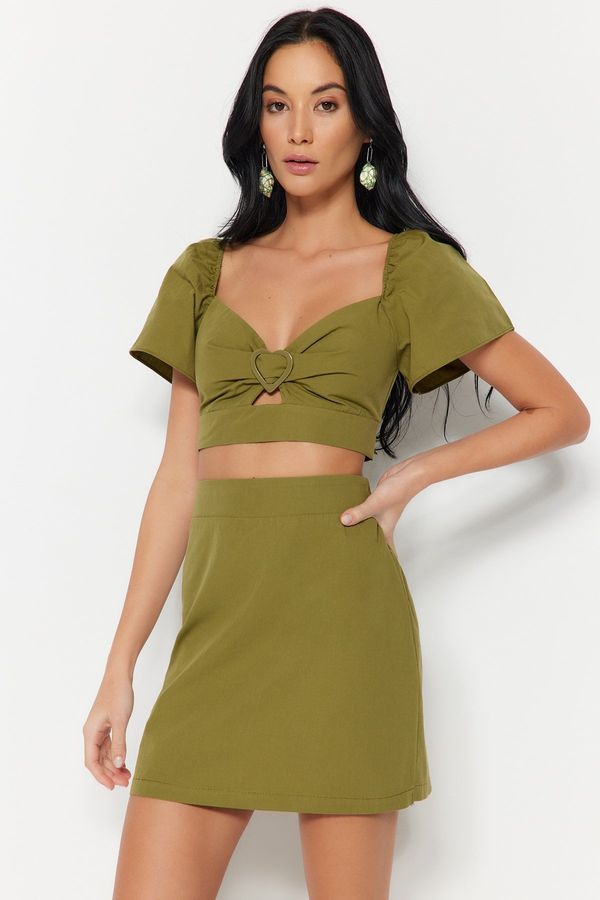 TRENDYOL KHAKI WOVEN WITH ACCESSORIES, 100% COTTON BLOUSE AND SHORT SET