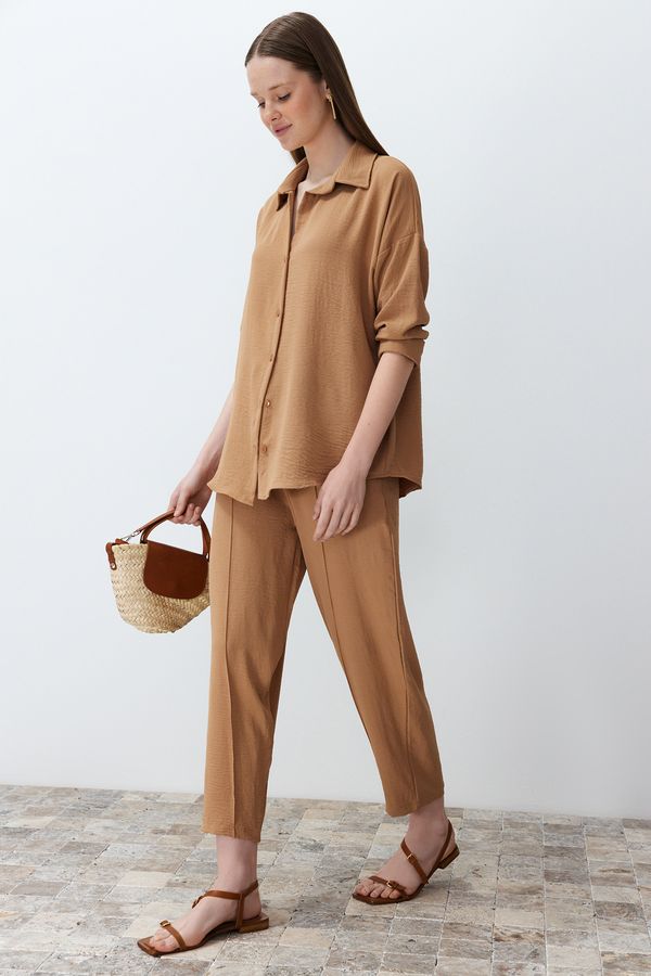 TRENDYOL CAMEL SHIRT TROUSERS AEROBIN WOVEN TWO PIECE SET