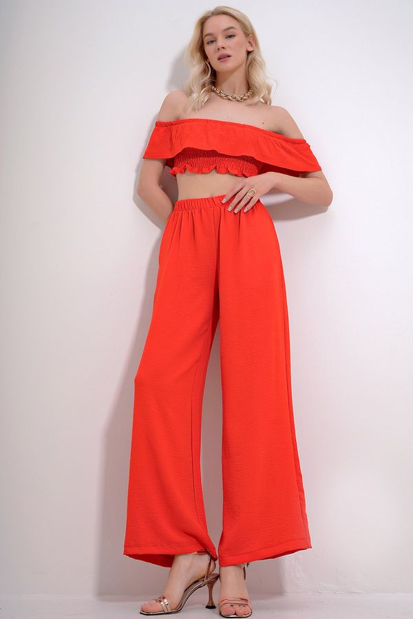 TREND ALAÇATI STILI WOMEN'S CORAL MADONNA COLLAR GIMPED CROP BLOUSE AND PALAZZO PANTS WOVEN BOTTOM TOP SET