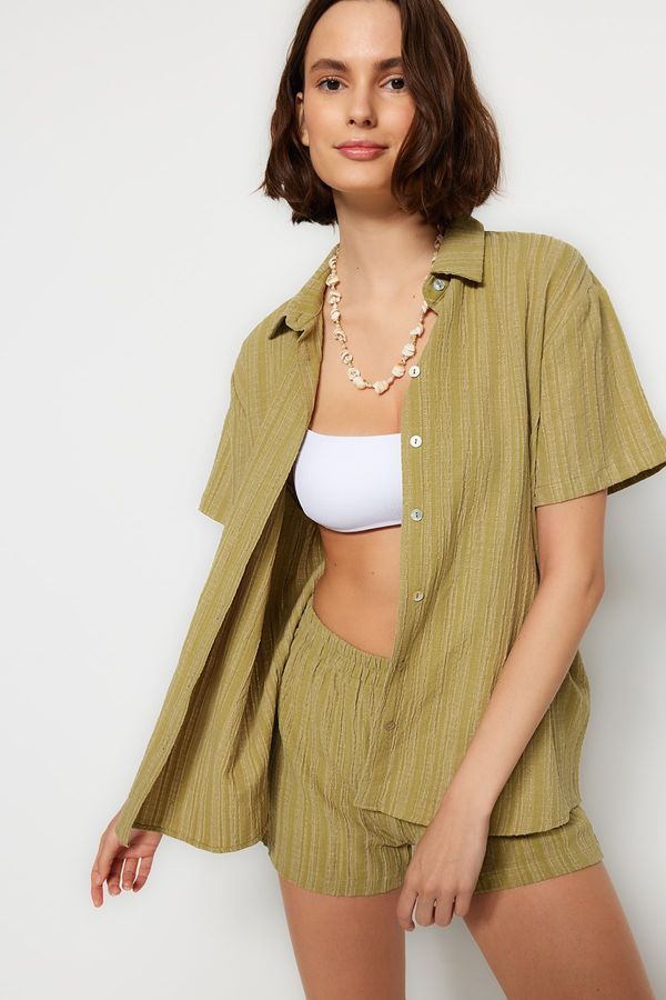 TRENDYOL GREEN WOVEN LINEN BLENDED SHIRT SHORTS SET