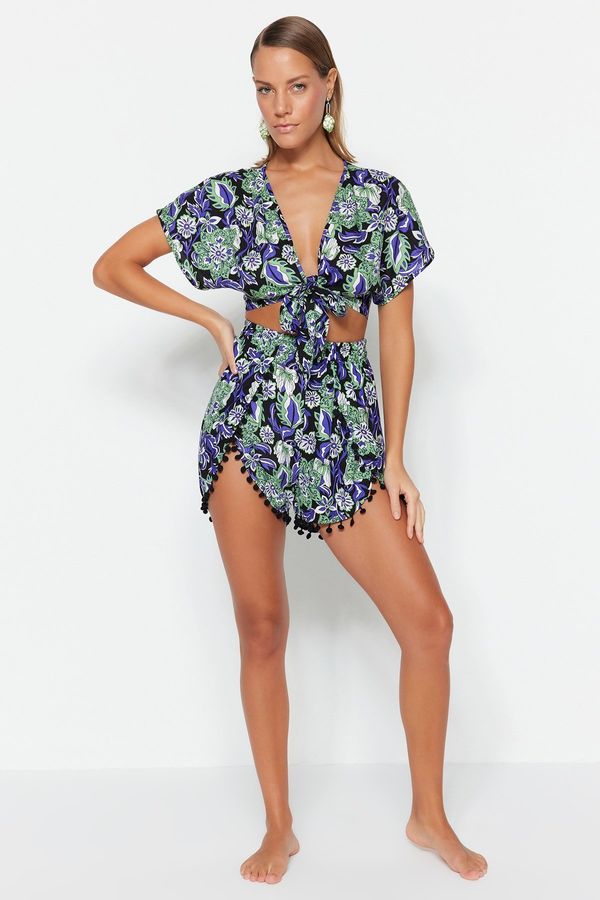 TRENDYOL FLORAL PATTERN WOVEN STRIPED BLOUSE AND SHORT SET