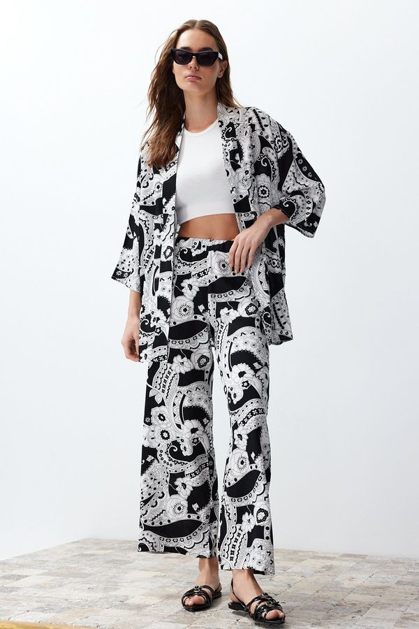 TRENDYOL BLACK PATTERNED KIMONO TROUSERS WOVEN BOTTOM-TOP SET