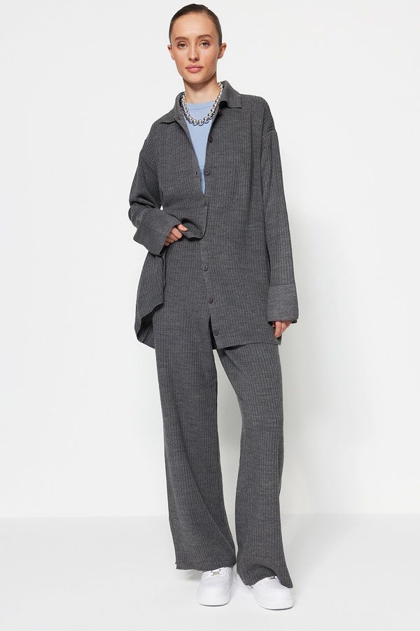 TRENDYOL ANTHRACITE SLIT DETAILED CARDIGAN-PANTS KNITWEAR SET
