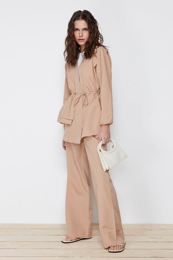 TRENDYOL BEIGE COTTON WOVEN KIMONO TROUSERS TOP AND BOTTOM SET