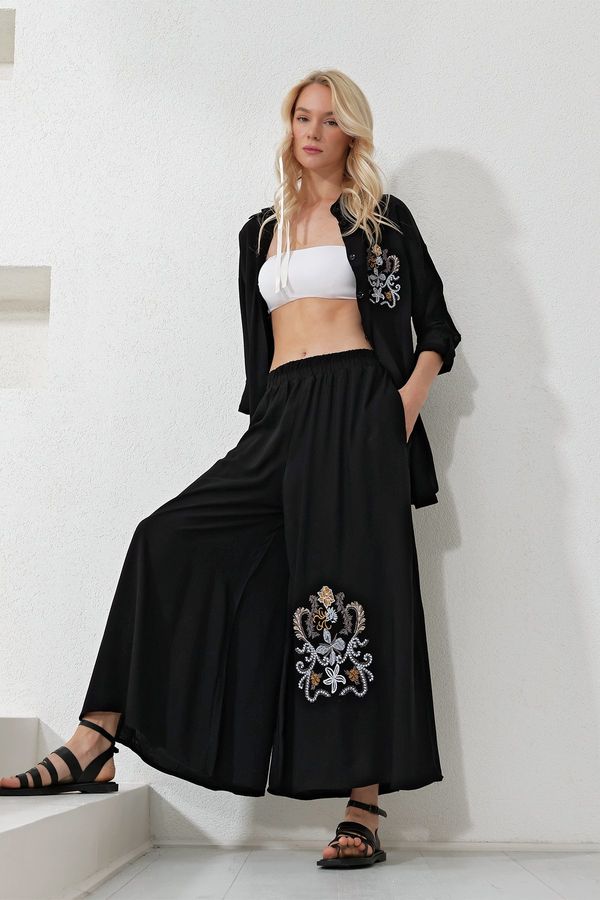 TREND ALAÇATI STILI WOMEN'S BLACK BACK AND FRONT EMBROIDERED LONG SHIRT AND LOOSE TROUSERS SET