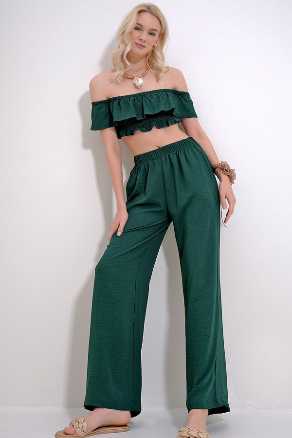 TREND ALAÇATI STILI WOMEN'S EMERALD GREEN MADONNA COLLAR CROP BLOUSE AND PALAZZO PANTS BOTTOM TOP SET