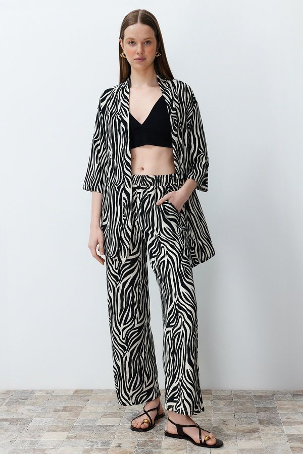 TRENDYOL BLACK PRINTED COMFORTABLE CUT FLEXIBLE KIMONO KNITTED BOTTOM-TOP SET
