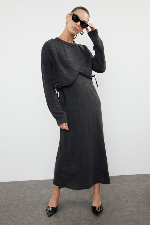 TRENDYOL ANTHRACITE MAXI KNITWEAR EXTRA CARDIGAN DRESS