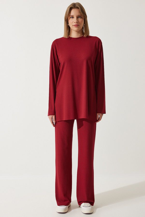 HAPPINESS İSTANBUL WOMEN'S RED CORDED KNITTED BLOUSE TROUSERS SET
