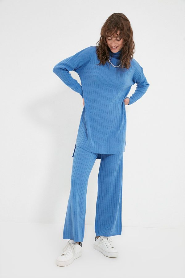 TRENDYOL BLUE HALF TURTLENECK CORDUROY SWEATER-PANTS KNITWEAR SUIT